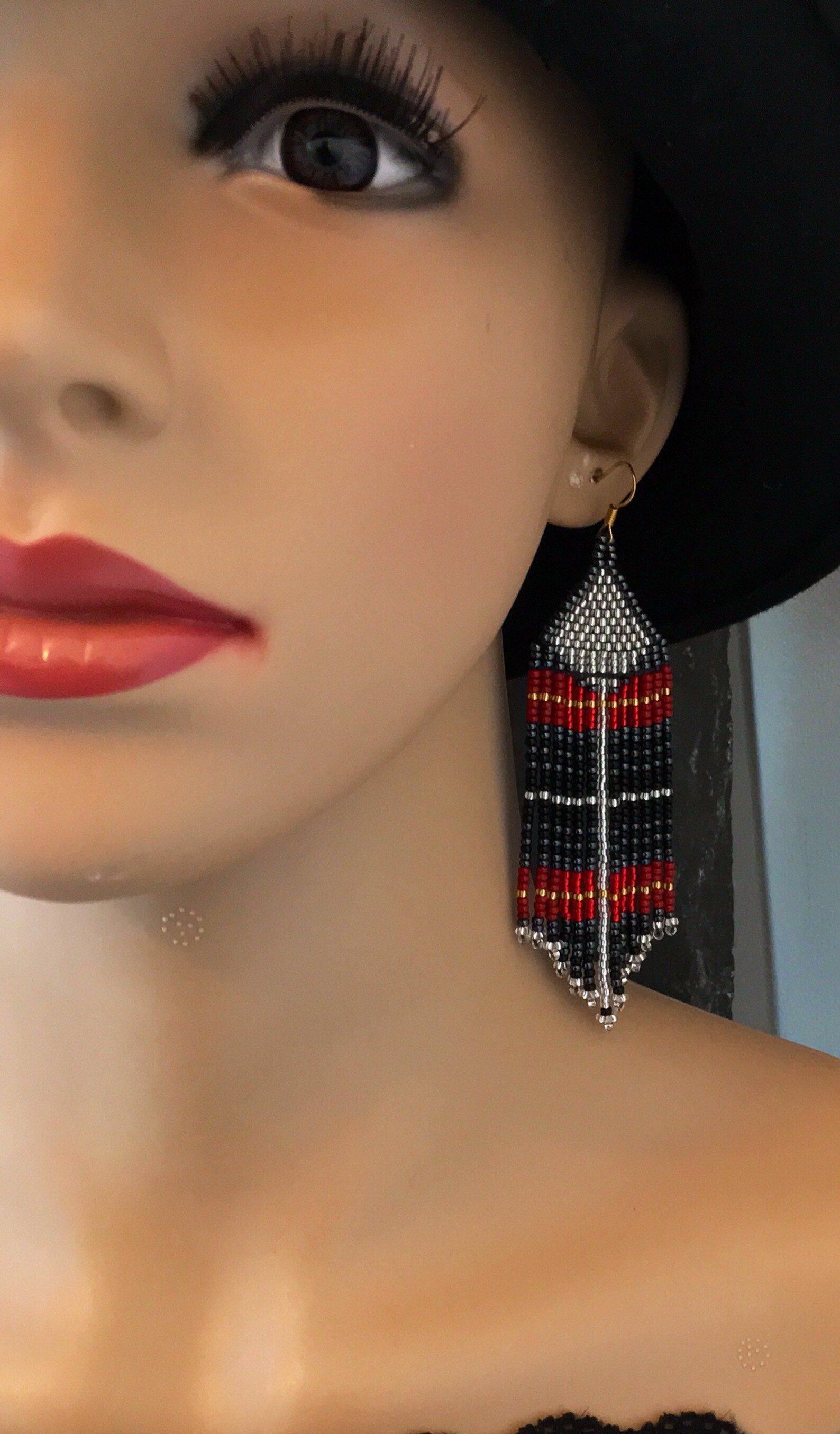 Native American Seed Bead Tartan Beaded Fringe Earrings Silver Black ...