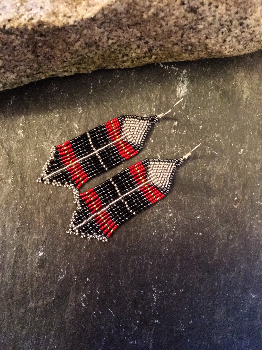 Native American Seed Bead Tartan Beaded Fringe Earrings Silver Black ...