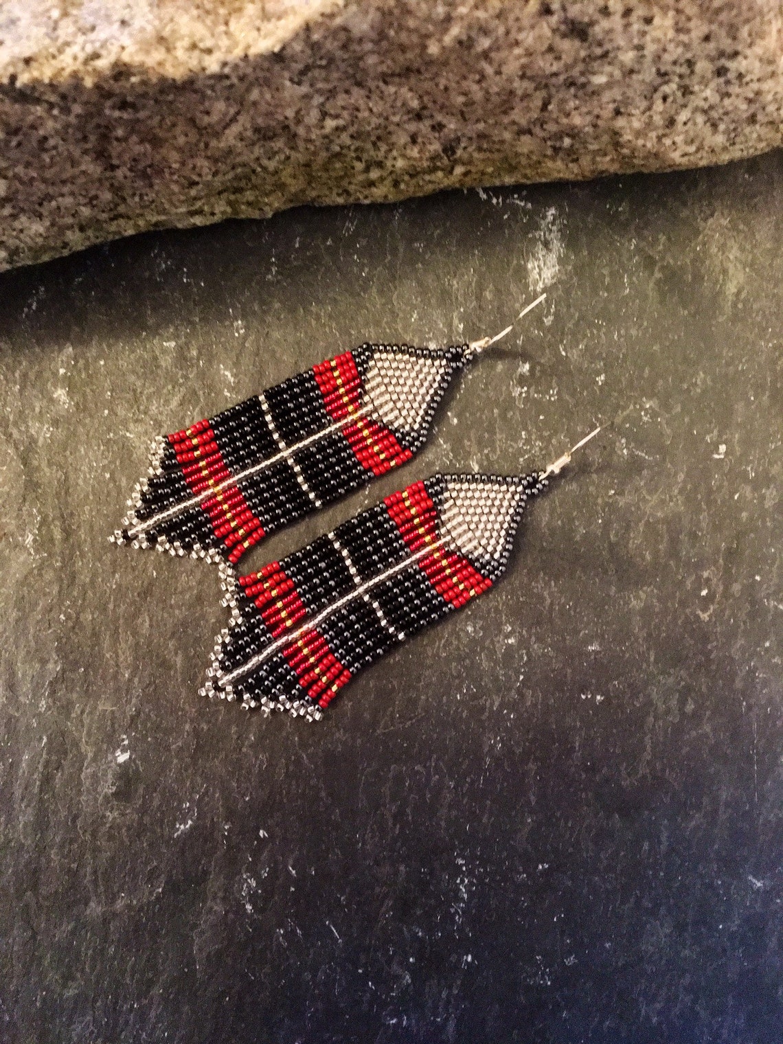 Native American Seed Bead Tartan Beaded Fringe Earrings Silver - Etsy ...