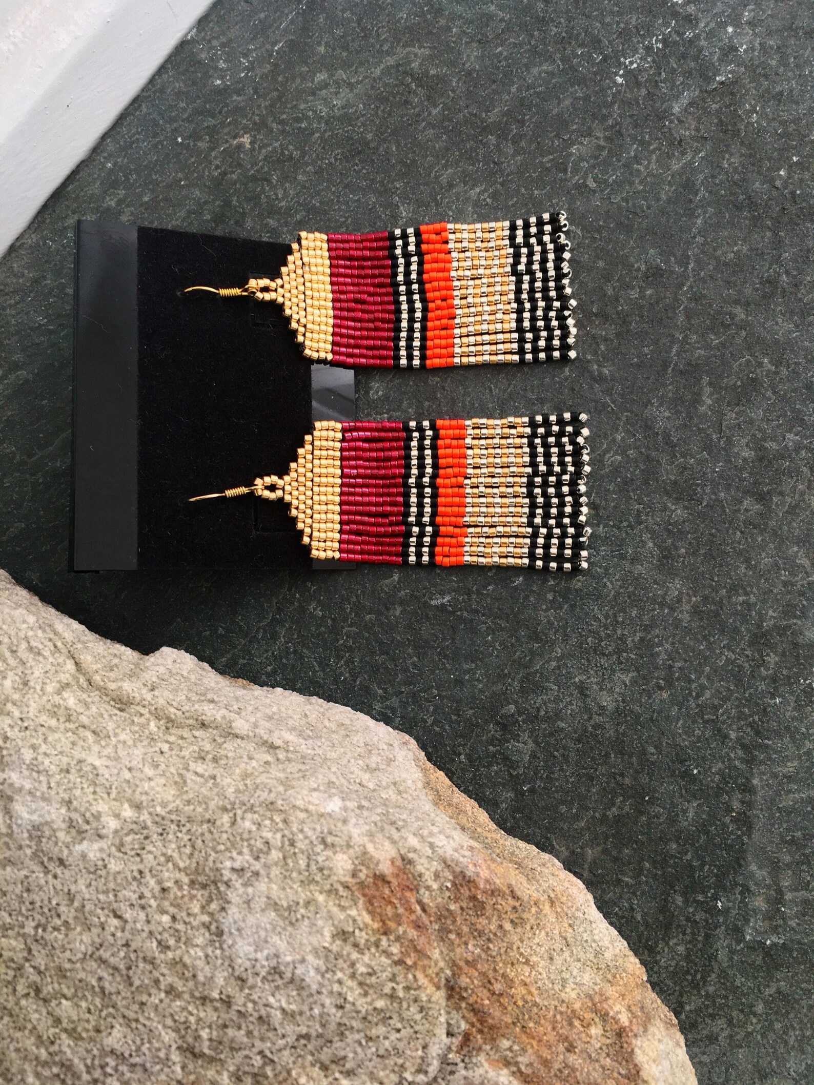 Unique Native American Beaded Stripe Minimalist Everyday Earrings White ...