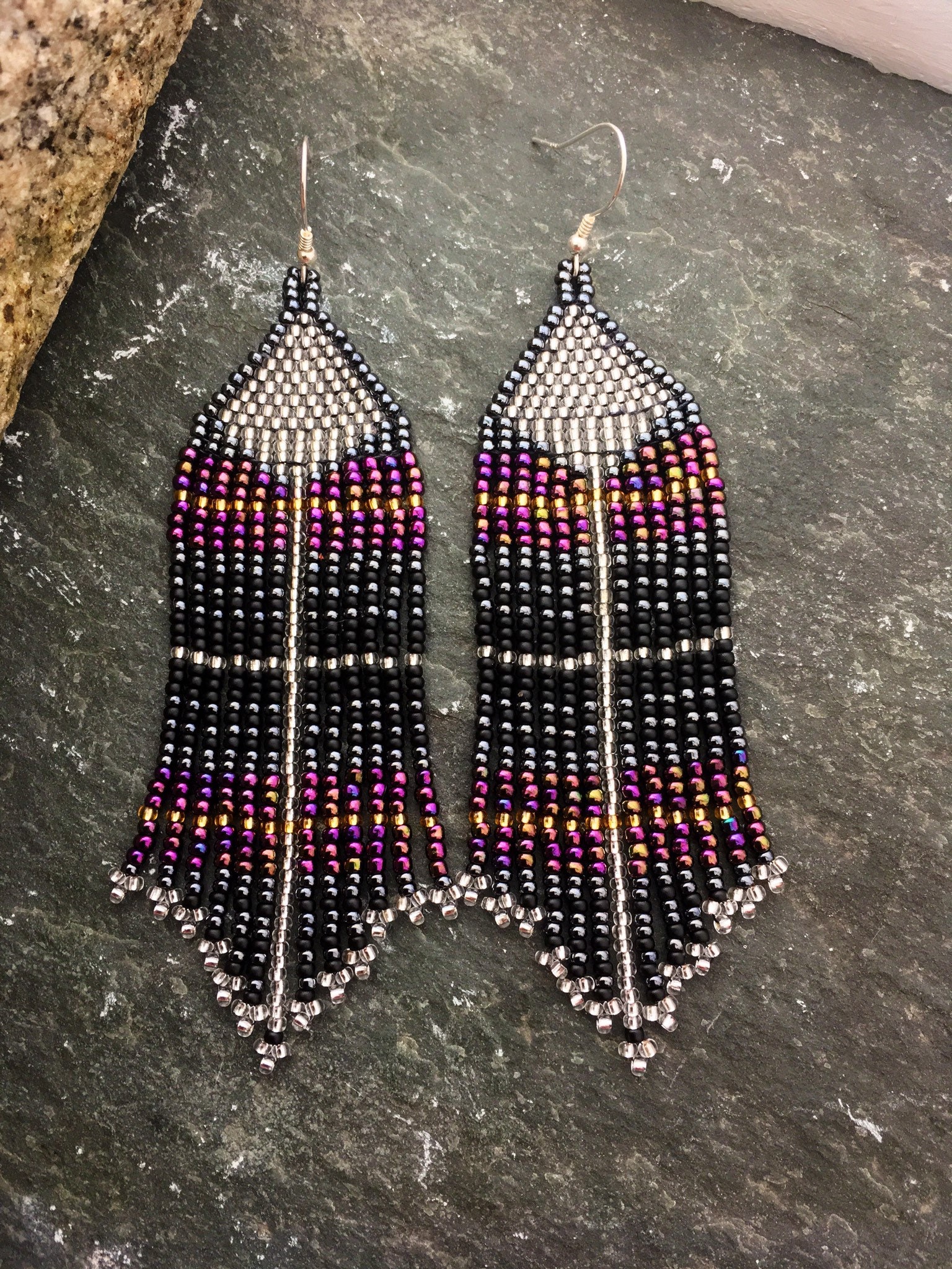 Native American Seed Bead Tartan Beaded Fringe Earrings Silver Black ...