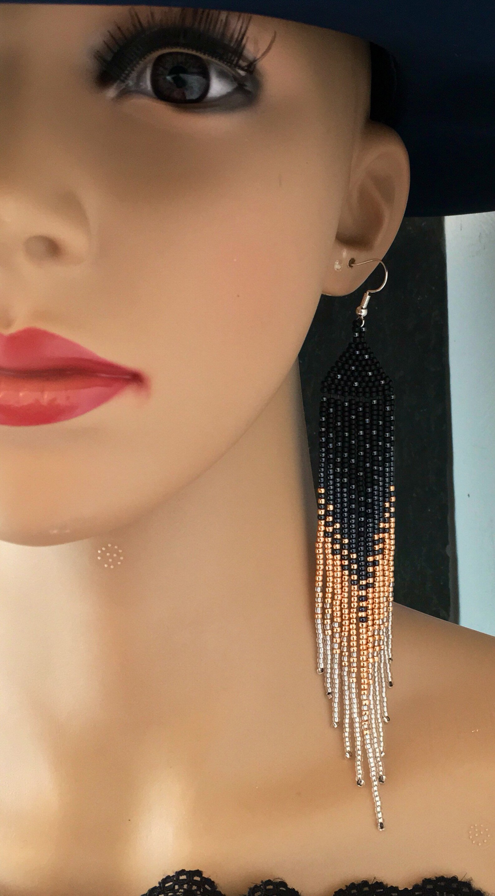 Native American Beaded Shoulder Duster Long Black Gunmetal Rose Gold ...