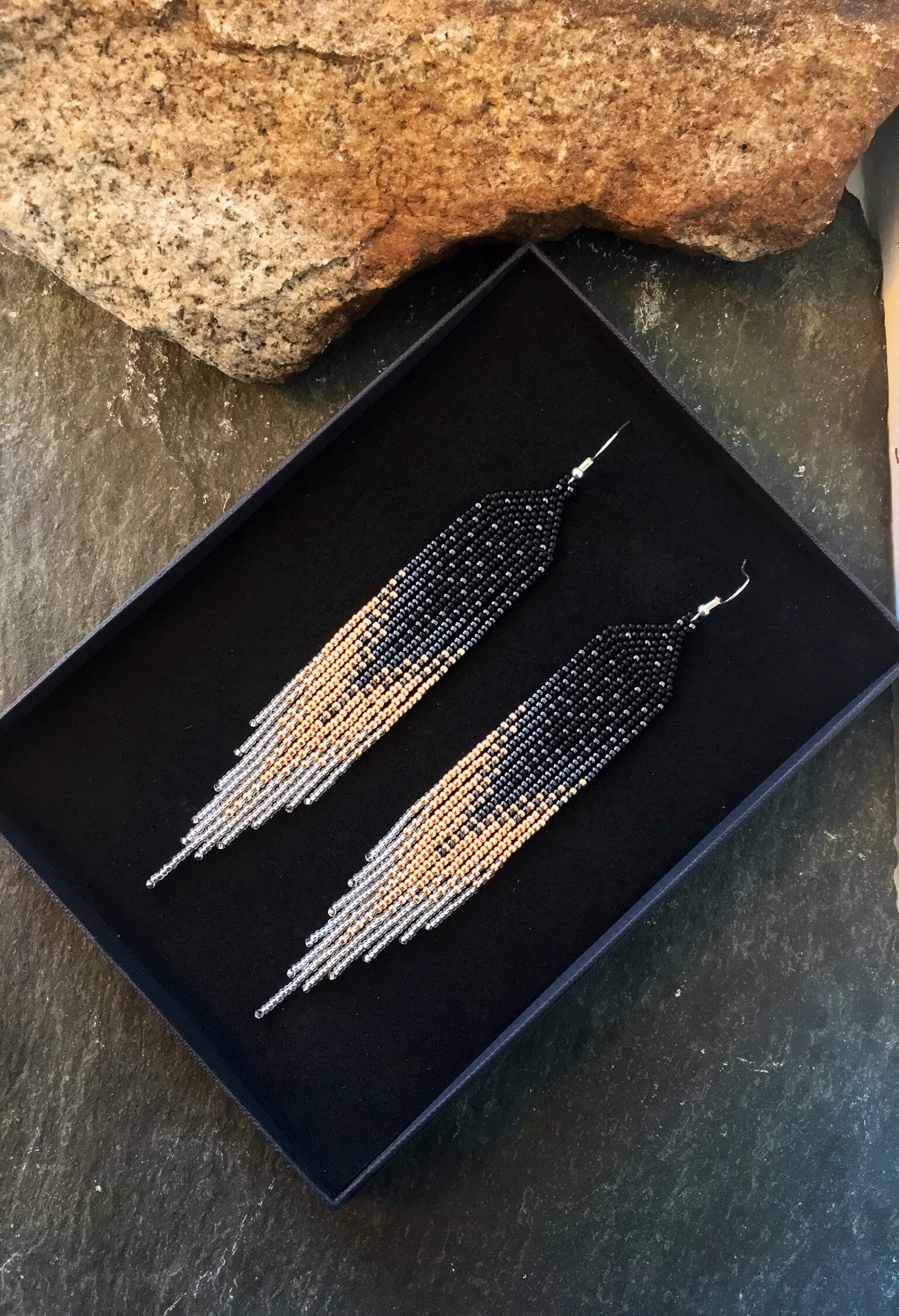 Native American Beaded Shoulder Duster Long Black Gunmetal Rose Gold ...