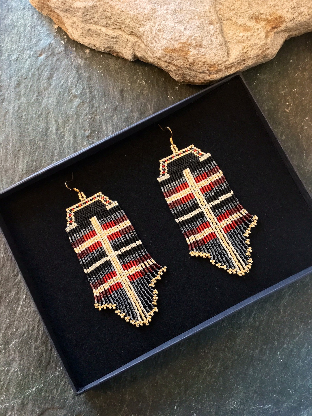 Luxury Tartan Seed Bead Statement Fringe Earrings Large Native Beaded ...