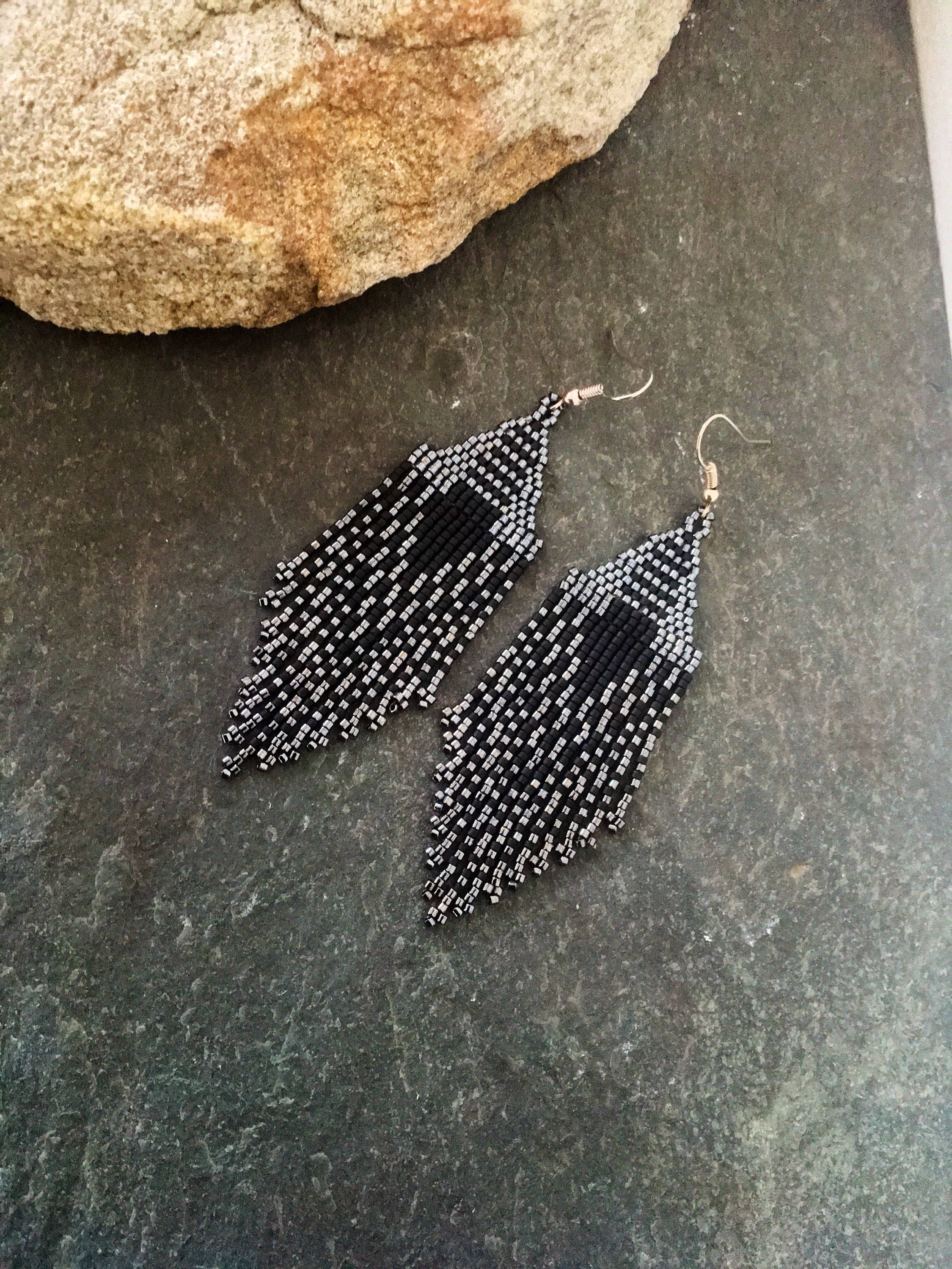 Gunmetal and Black Sparkling Native American Beaded Glass Earrings ...