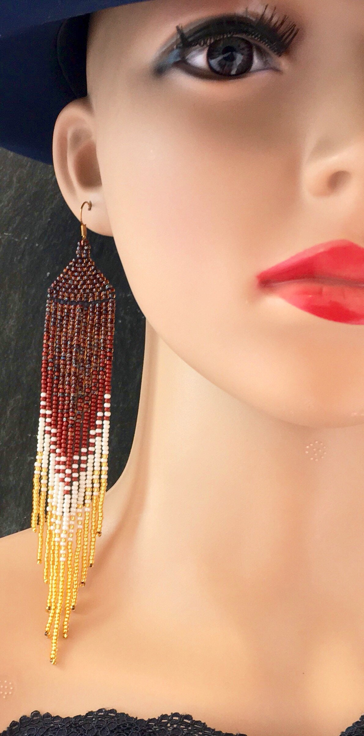 Burnt Orange Earrings Native American Style Beaded Shoulder Duster Long ...