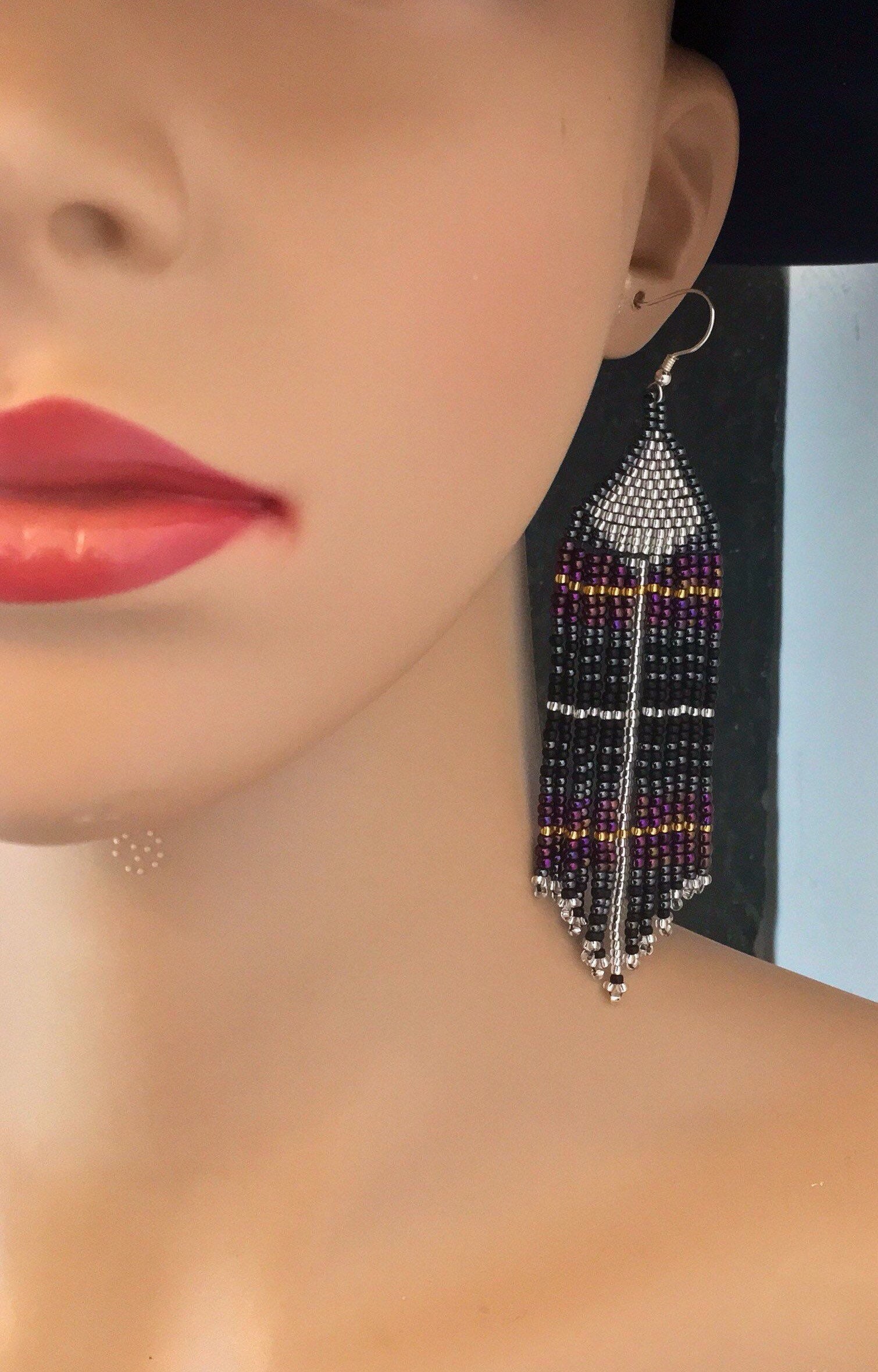 Native American Seed Bead Tartan Beaded Fringe Earrings Silver Black ...