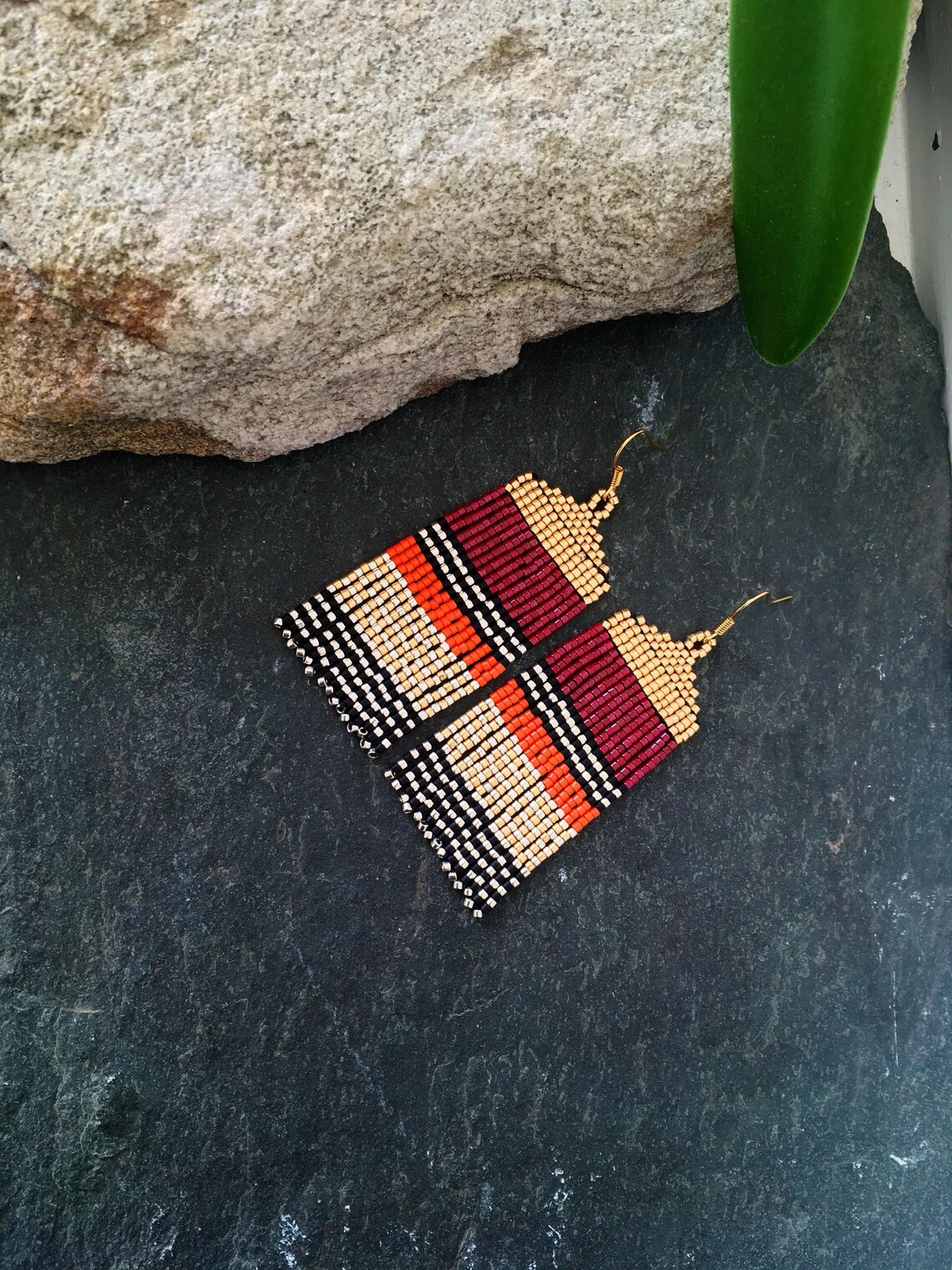 Unique Native American Beaded Stripe Minimalist Everyday Earrings White ...
