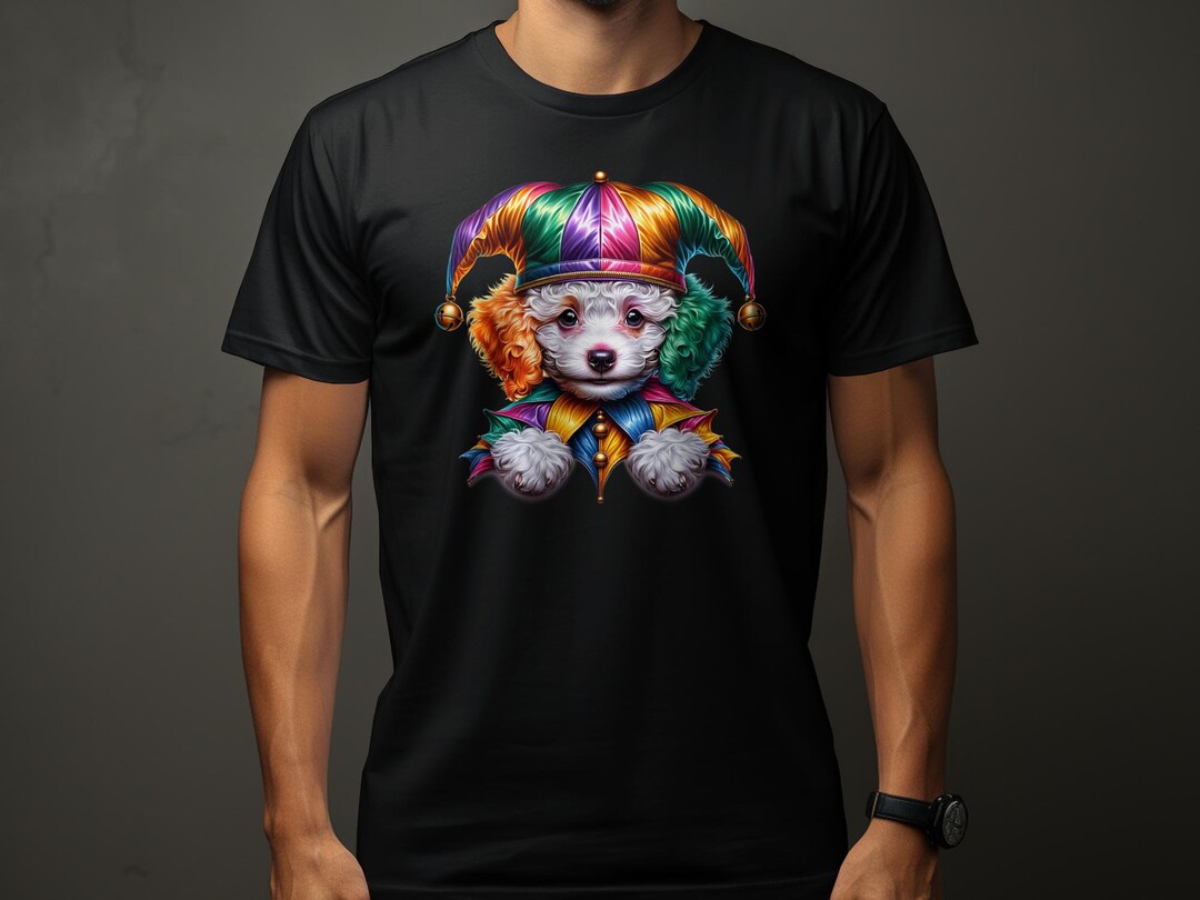 Colorful Jester Hat Poodle Dog Pup T-shirt, Cute Animal Clown Costume ...