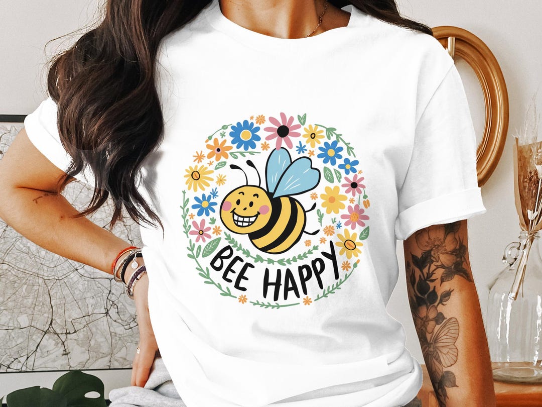 Funny Bee Happy T Shirt for Women, Ladyfit Bee and Flowers Graphic Tee ...