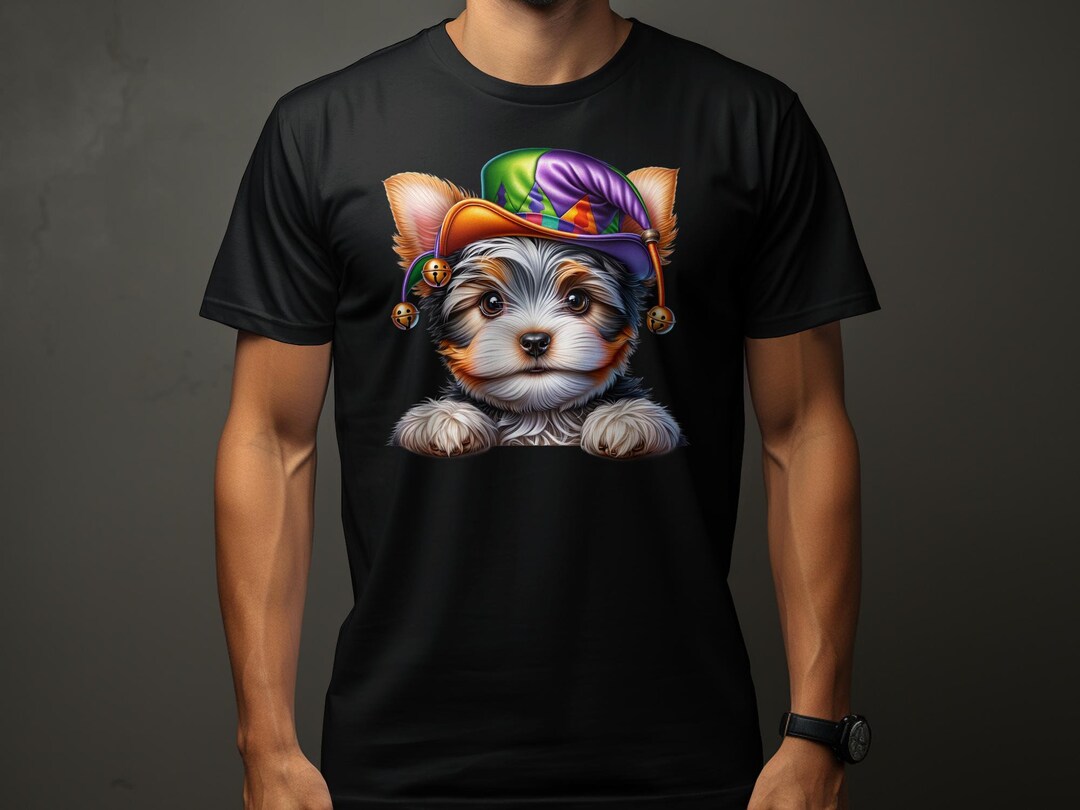 Cute Yorkshire Terrier Dog Pup in Jester Hat T-shirt, Colorful Puppy ...
