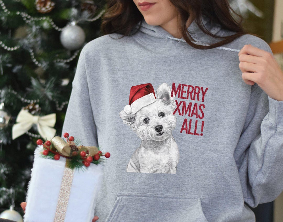 Xmas Hoodie Bichon Frise Dog Wearing Red Santa Hat Saying Merry Xmas ...