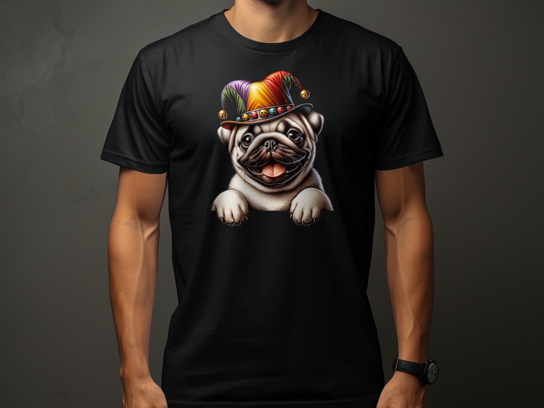 Cute Pug Dog Pup in Jester Hat T-shirt, Fun Cartoon Animal Graphic Tee ...