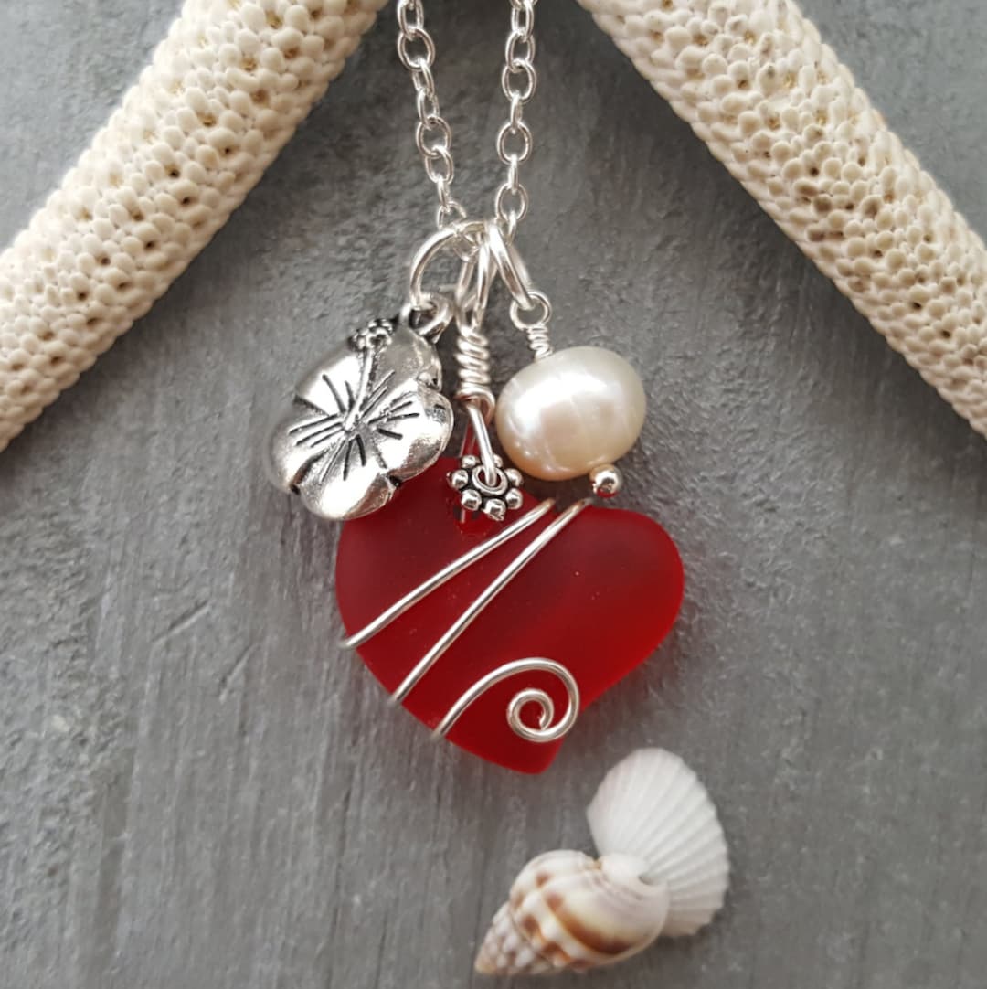 Hawaiian Jewelry Sea Glass Necklace, Wire Ruby Red Necklace, Heart ...