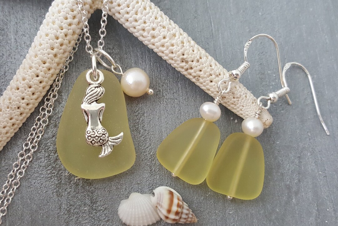 Hawaiian Jewelry Sea Glass Set, Mermaid Necklace Earrings Jewelry Set ...