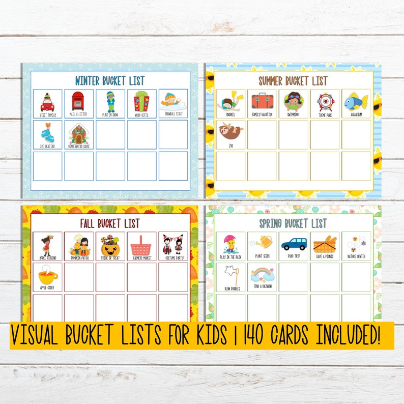 Seasonal Bucket Lists for Kids With 140 Cards , Visual Bucket List, Kids Activities, Command ...