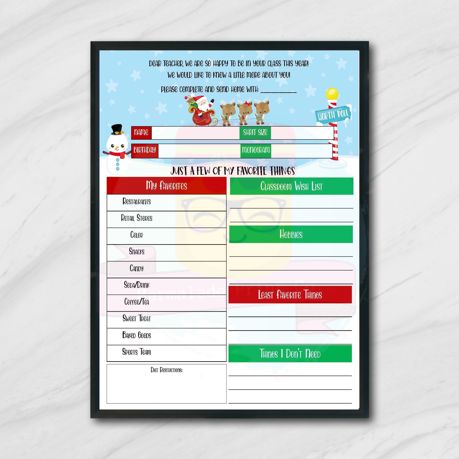 Teacher Wishlist Survey, Teacher Favorites Questionnaire, Secret Santa ...