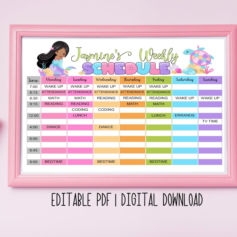 Editable Home School Schedule, Mermaid Weekly Chart Printable, Kids ...