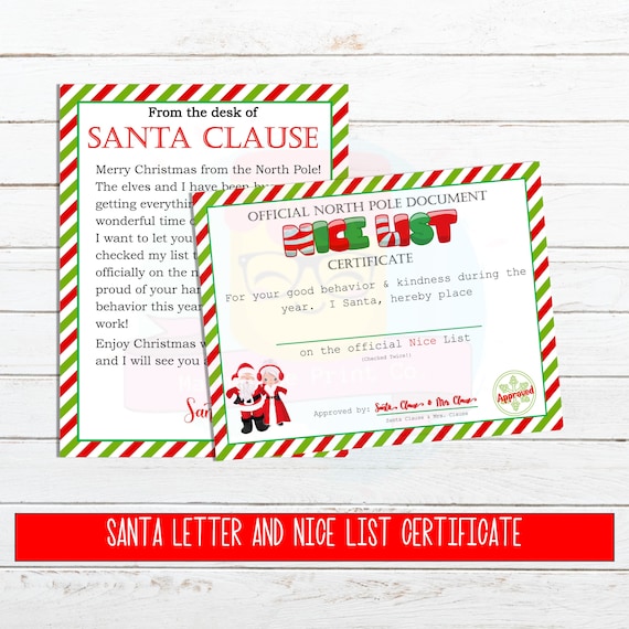 Printable Letter From Santa and Nice List Certificate Santa | Etsy