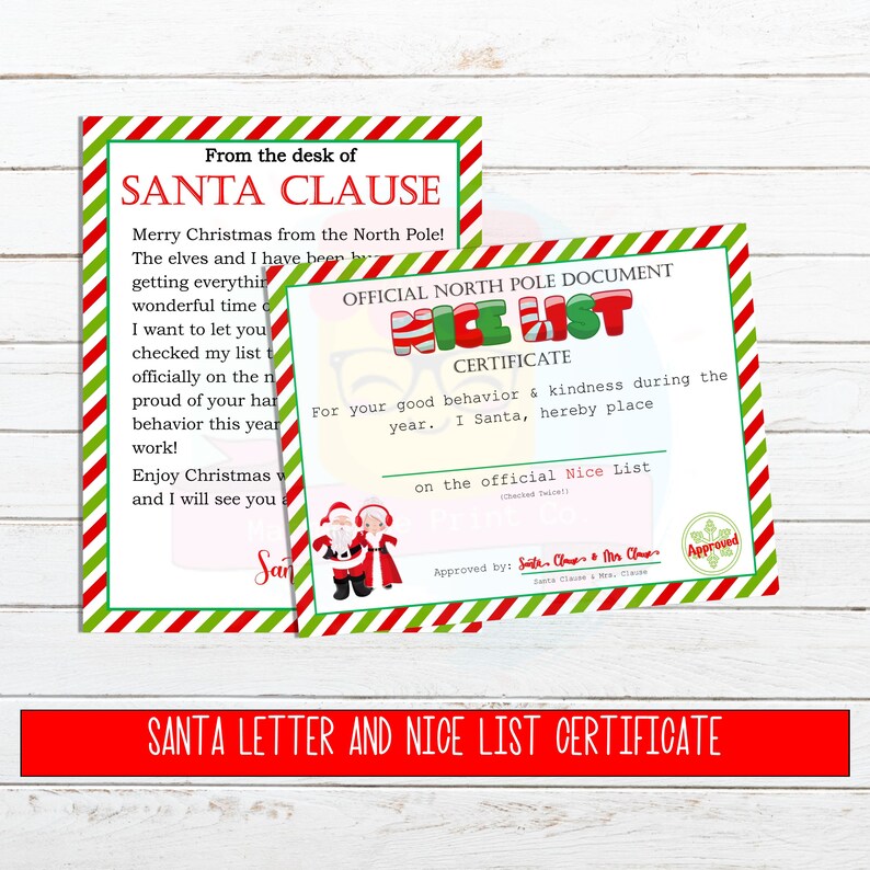 Printable Letter From Santa and Nice List Certificate, Santa Printable ...
