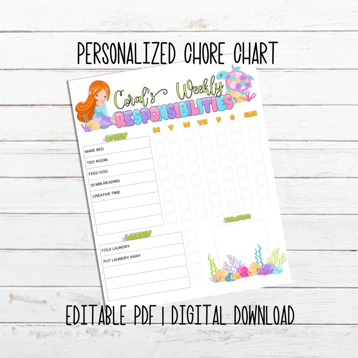 Editable Home School Schedule Mermaid Chore Chart Printable | Etsy