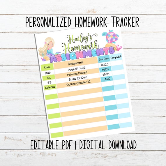 Editable Home School Homework Tracker Mermaid Homework | Etsy