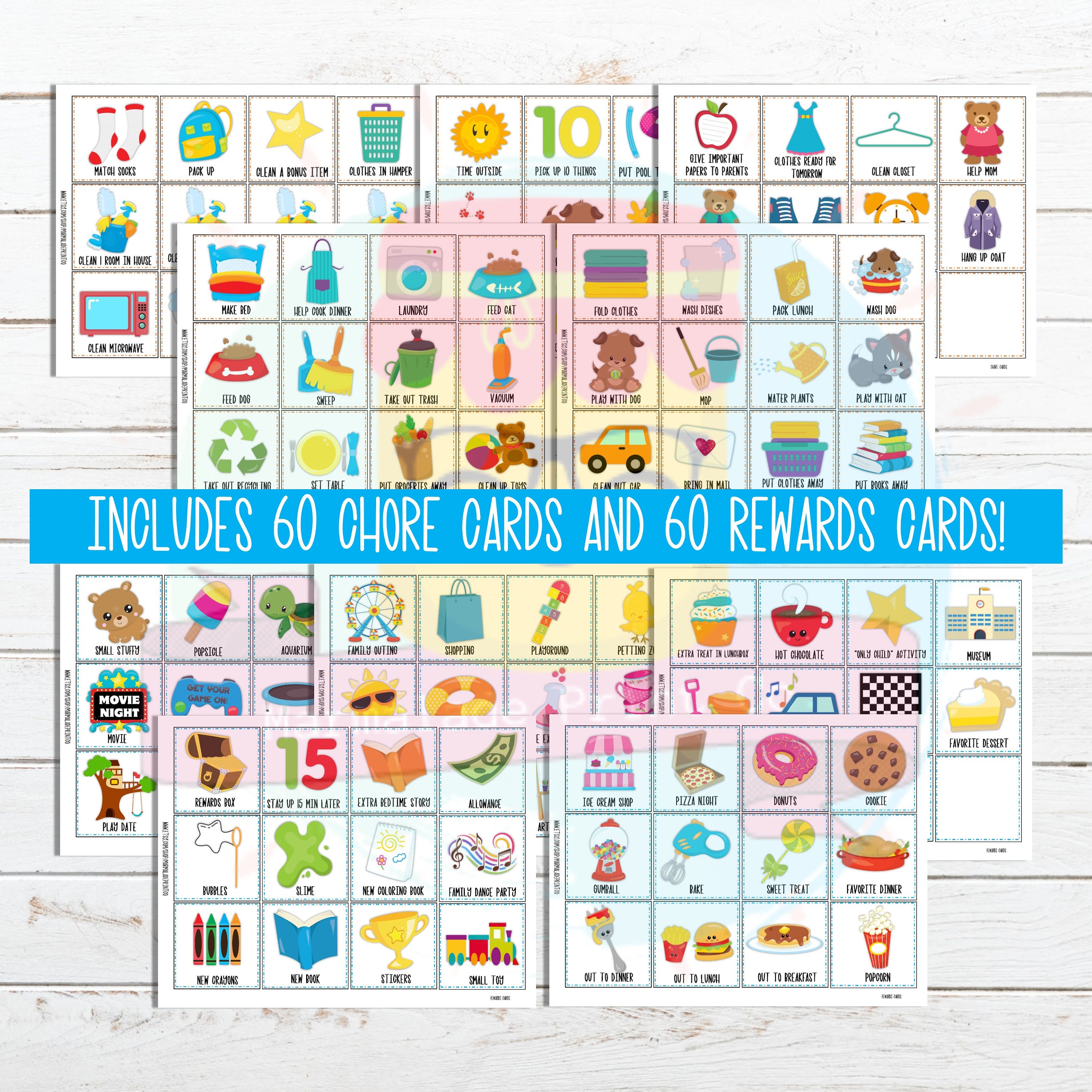 Printable Chore and Rewards Charts With 120 Cards, Visual Chart, Daily ...