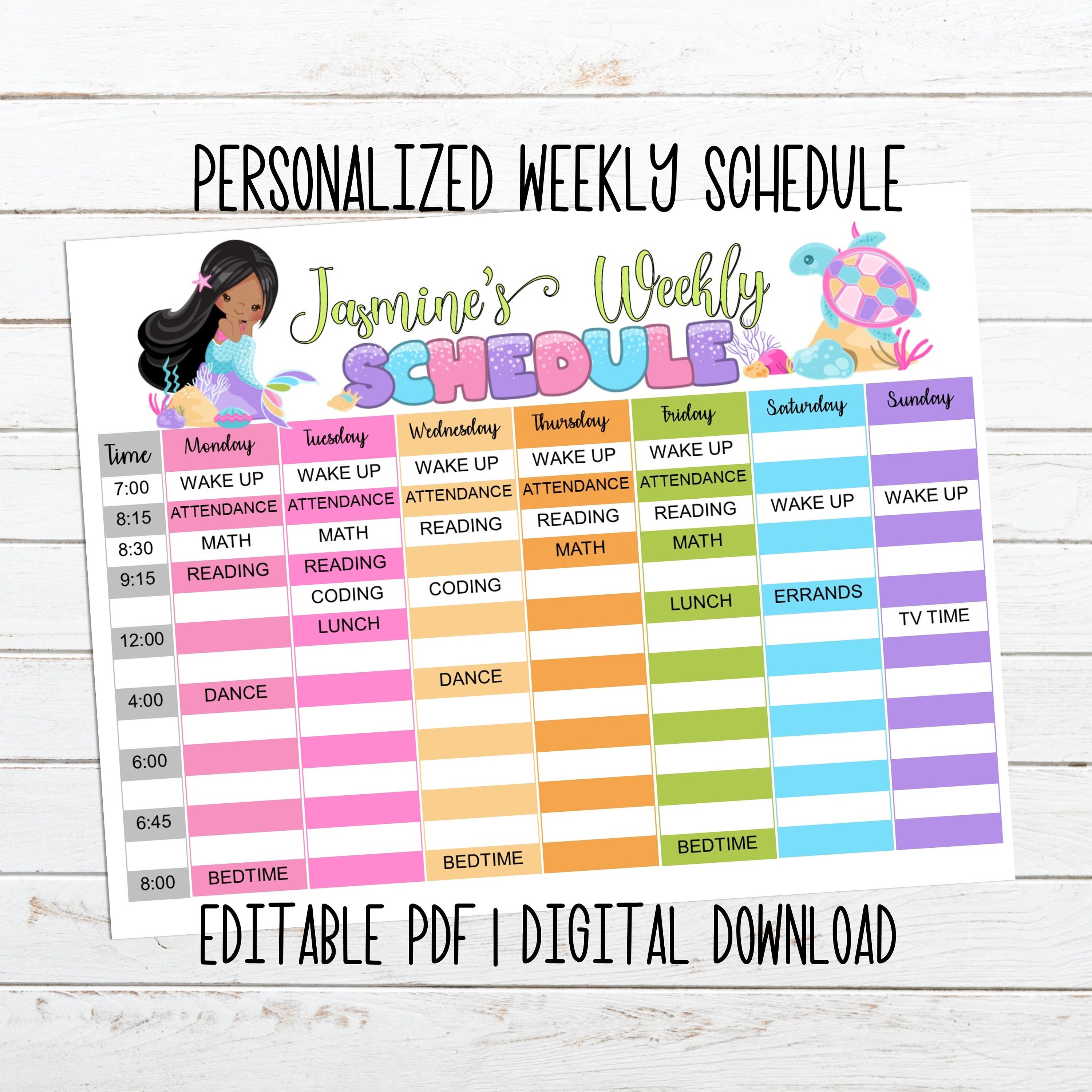 Editable Home School Schedule, Mermaid Weekly Chart Printable, Kids ...