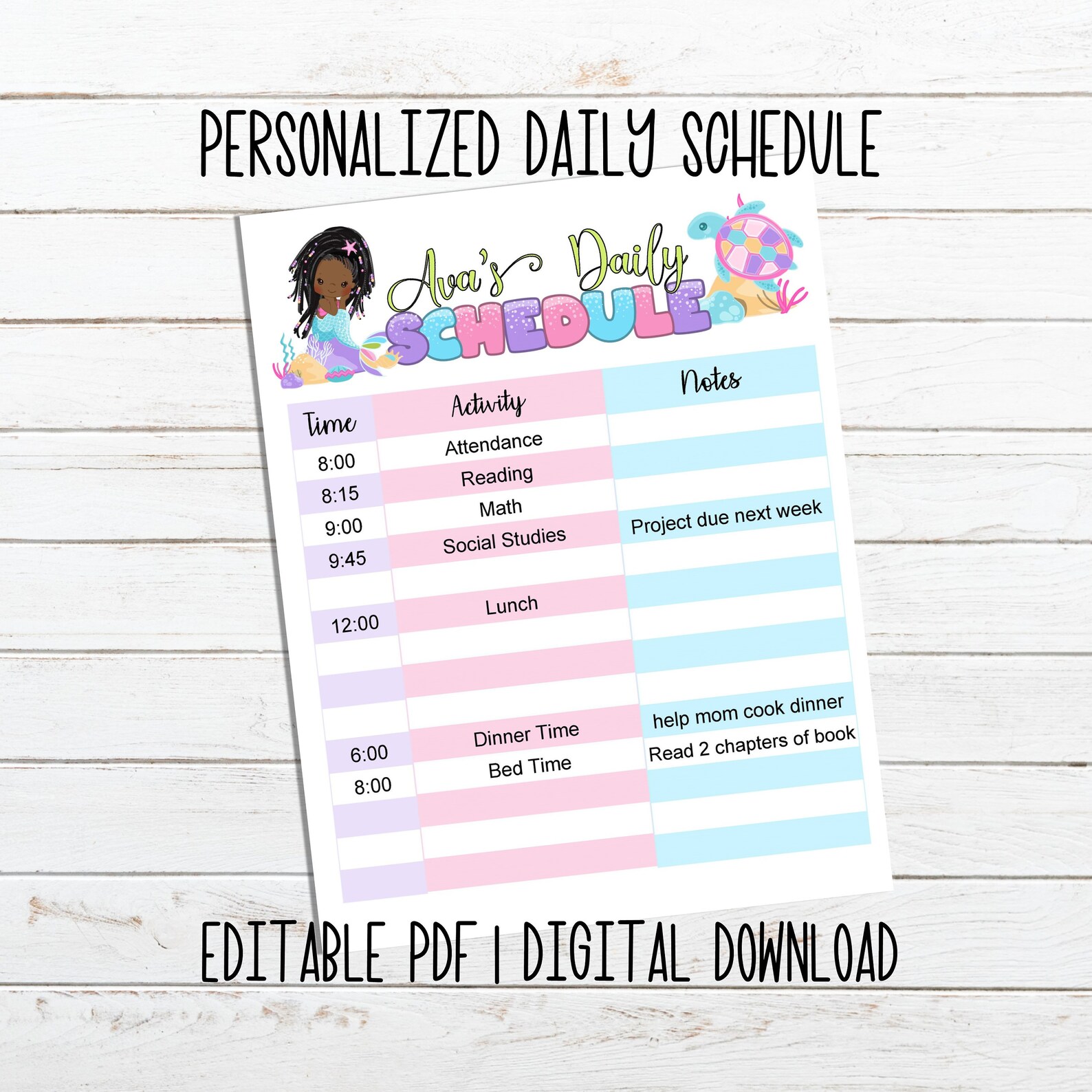 Editable Home School Schedule, Mermaid Daily Schedule Printable, Kid ...