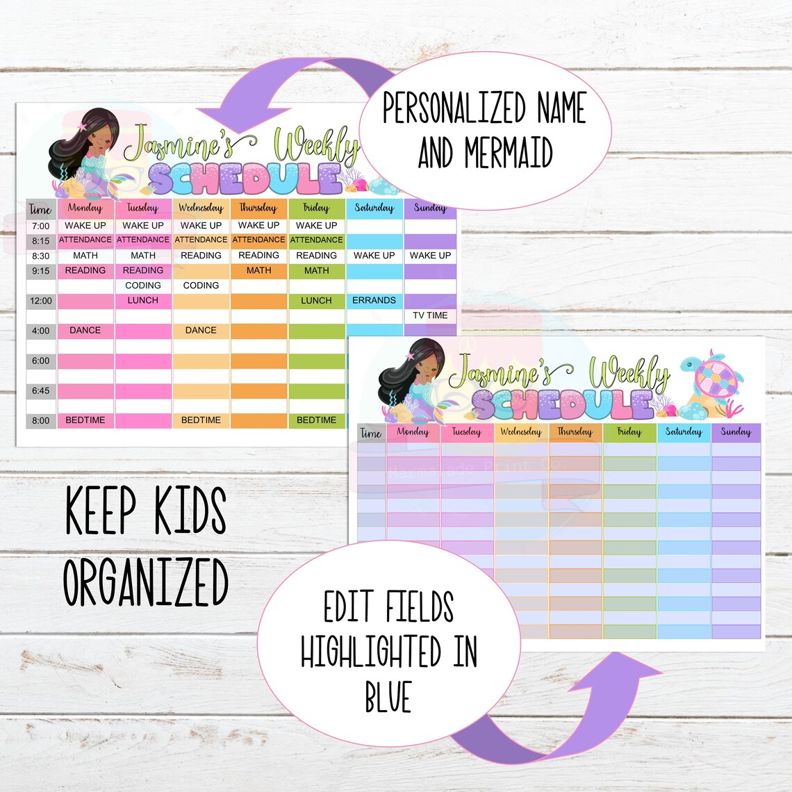 Editable Home School Schedule, Mermaid Weekly Chart Printable, Kids ...
