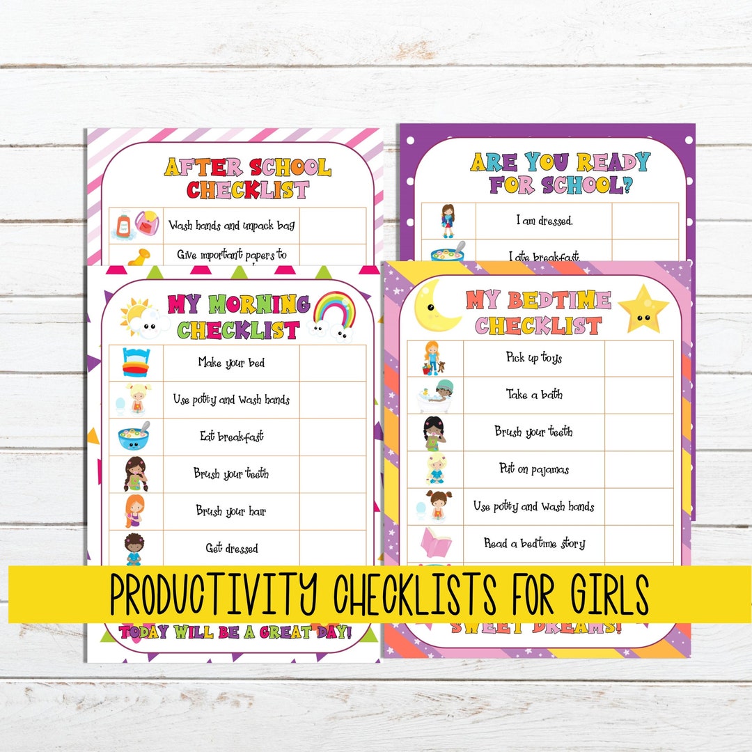 Productivity Checklists for Girls, Visual Routine Charts, Morning and ...
