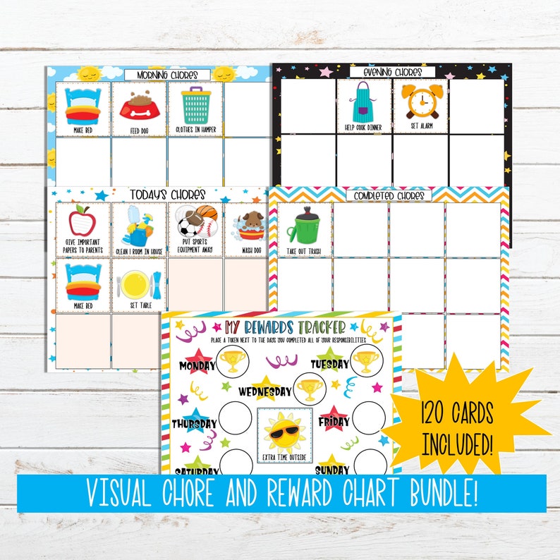 Printable Chore and Rewards Charts With 120 Cards, Visual Chart, Daily ...