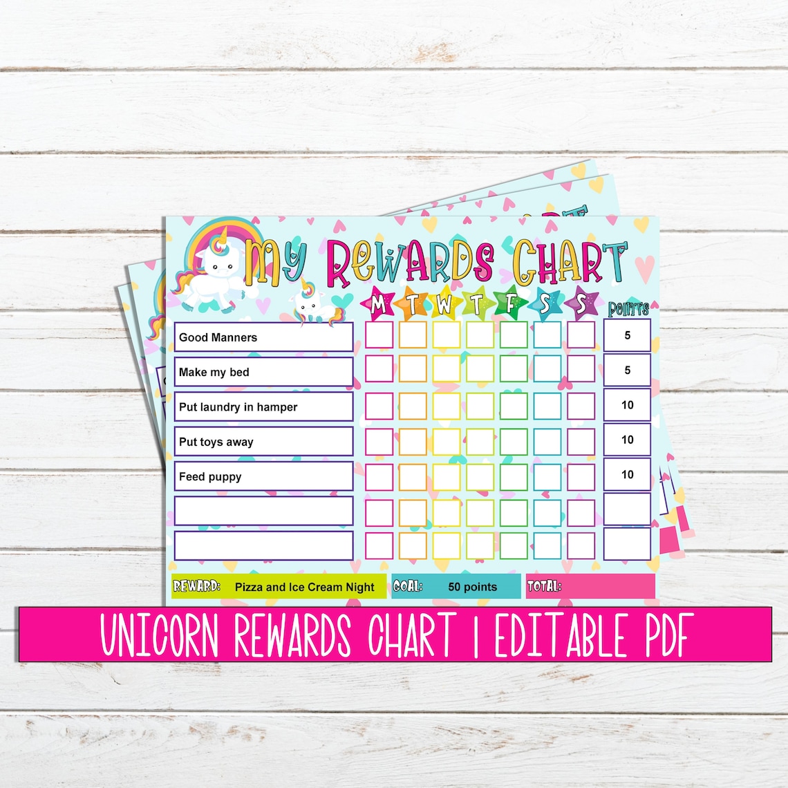 EDITABLE Unicorn Reward Chart With Tokens, Printable Unicorn Behavior ...