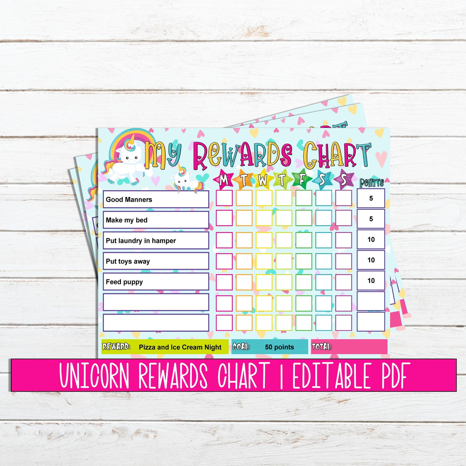 EDITABLE Unicorn Reward Chart With Tokens, Printable Unicorn Behavior ...