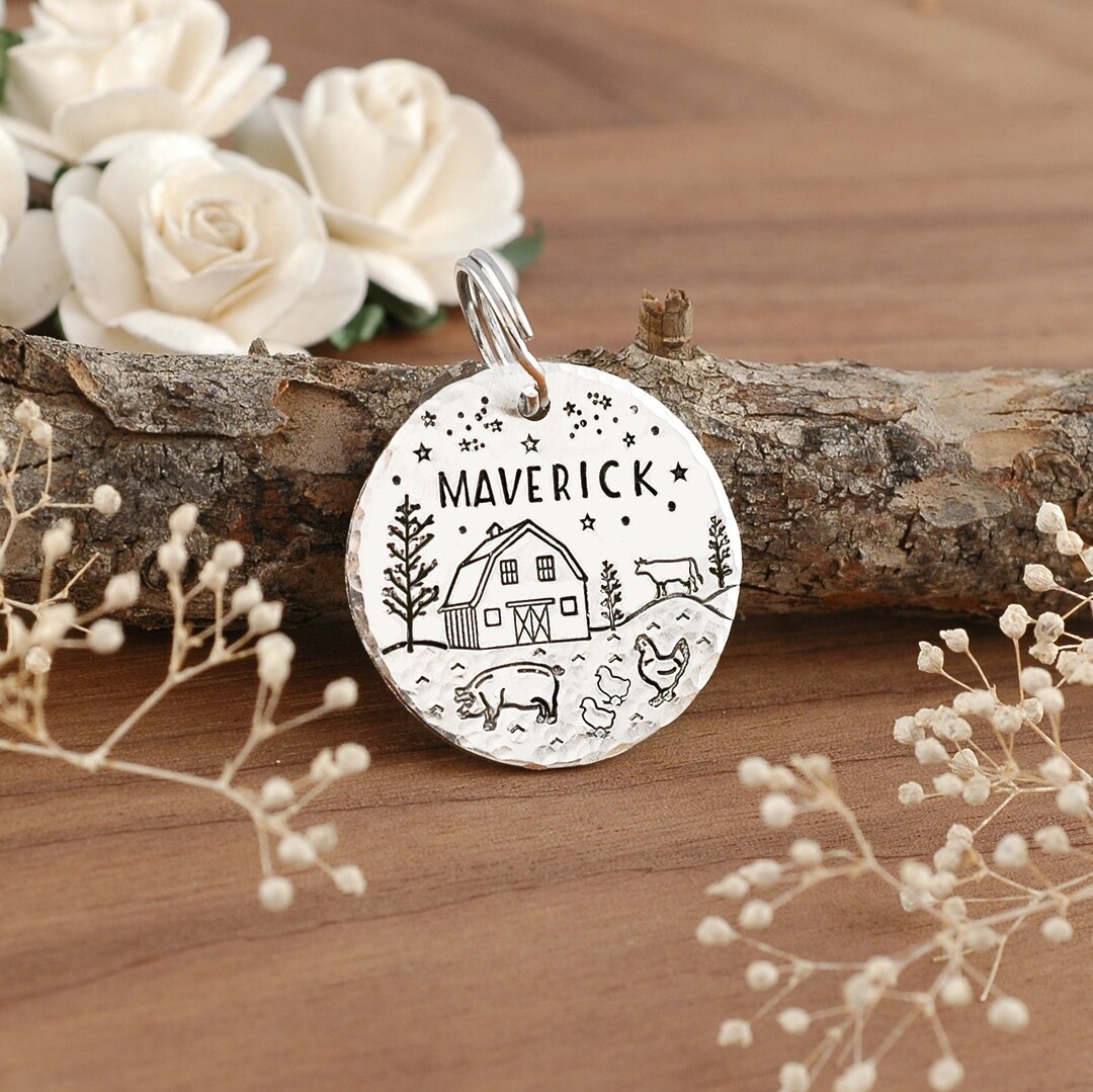 Farm Animals and Barn - Pet ID Tag - 1-1/8" or 1.25" Hand Stamped - Dog ...