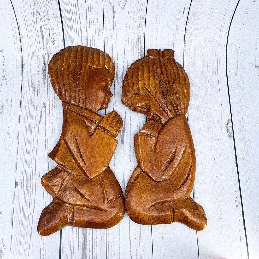MCM Wall Panel Boy Girl Praying Hand Carved Vintage FREE SHIPPING - Etsy