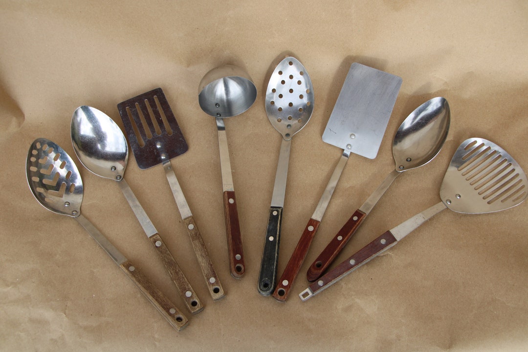 1940's to 1980's Vintage Wooden Handle Brass Rivets Stainless Steel ...