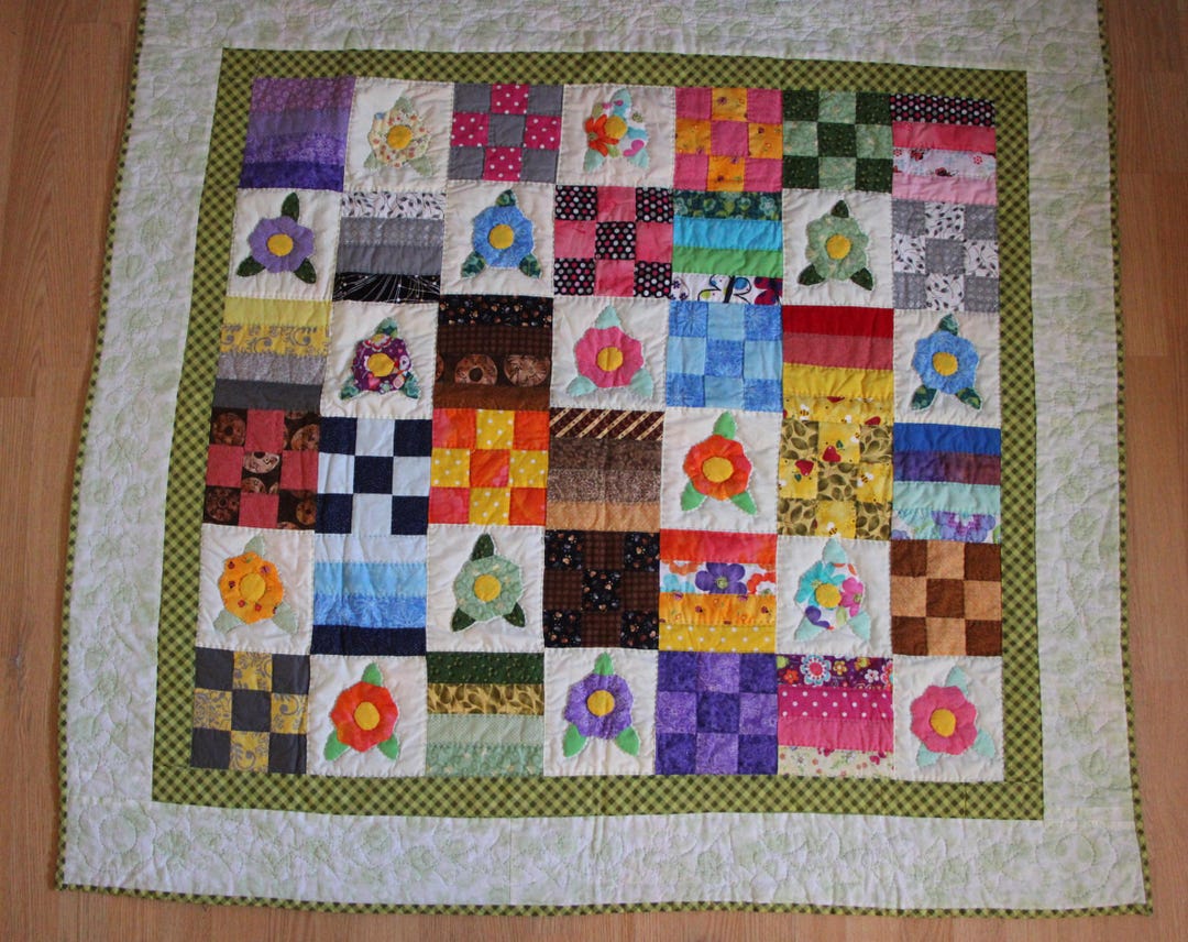 1990s Vintage Hand-stitched Lap Quilt: Floral Appliqué, World Map ...