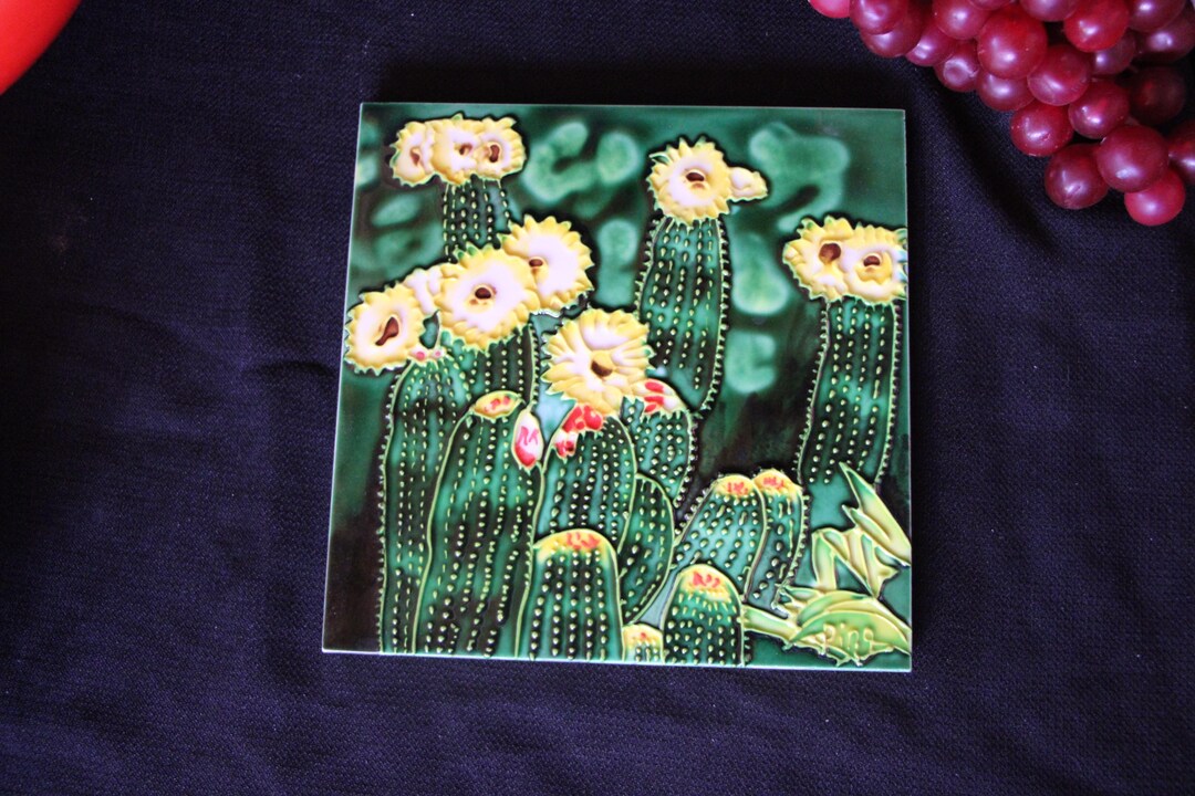 Artist PING - Ceramic Tile - Green & Yellow - Hedge Hog Cactus - 3 ...