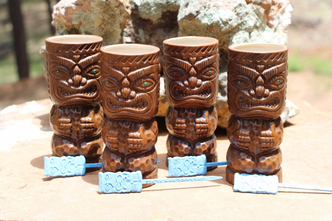 Vintage - ORCHIDS of HAWAII - Made in Japan - Tiki Mugs - Set of FOUR ( 4 ) W/ Original Swizzle ...
