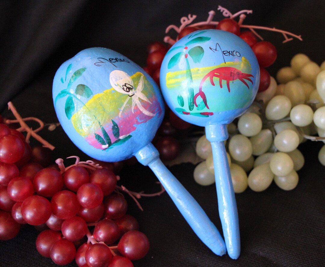 1970's Vintage Souvenir Hand Painted Maracas From Mexico - Blue - Folk ...
