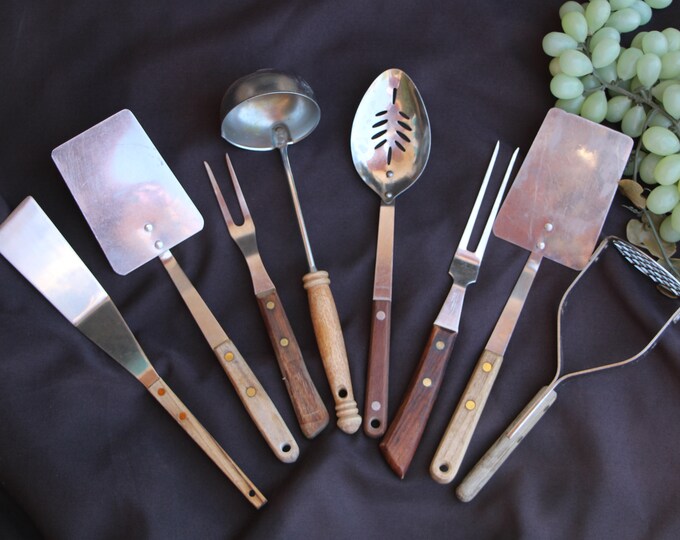 1940's to 1980's Vintage Wooden Handle Brass Rivets Stainless Steel ...