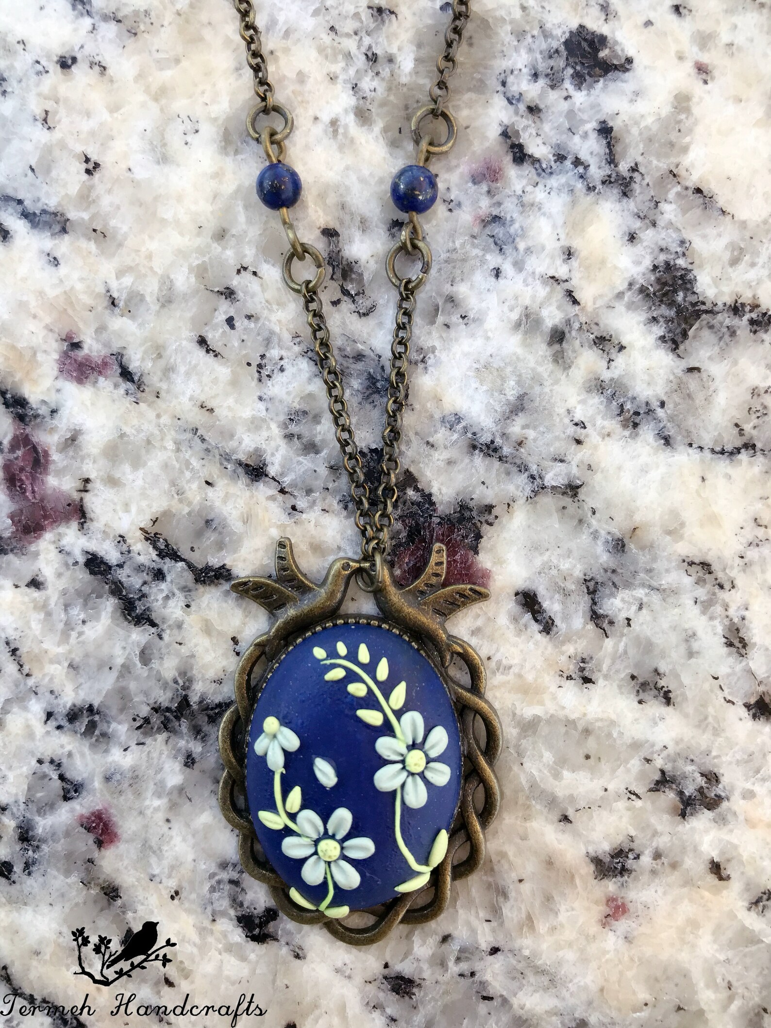 Navy Blue Floral Oval Pendant Necklace Polymer Clay Jewelry Gift for ...