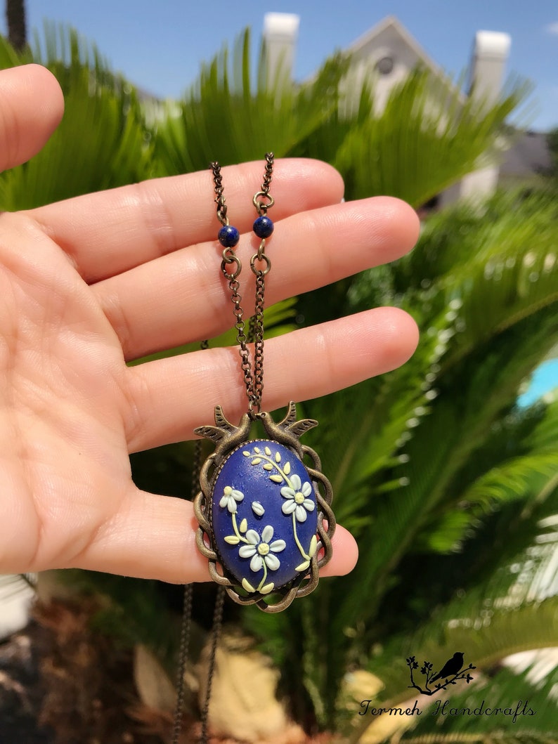 Navy Blue Floral Oval Pendant Necklace Polymer Clay Jewelry - Etsy