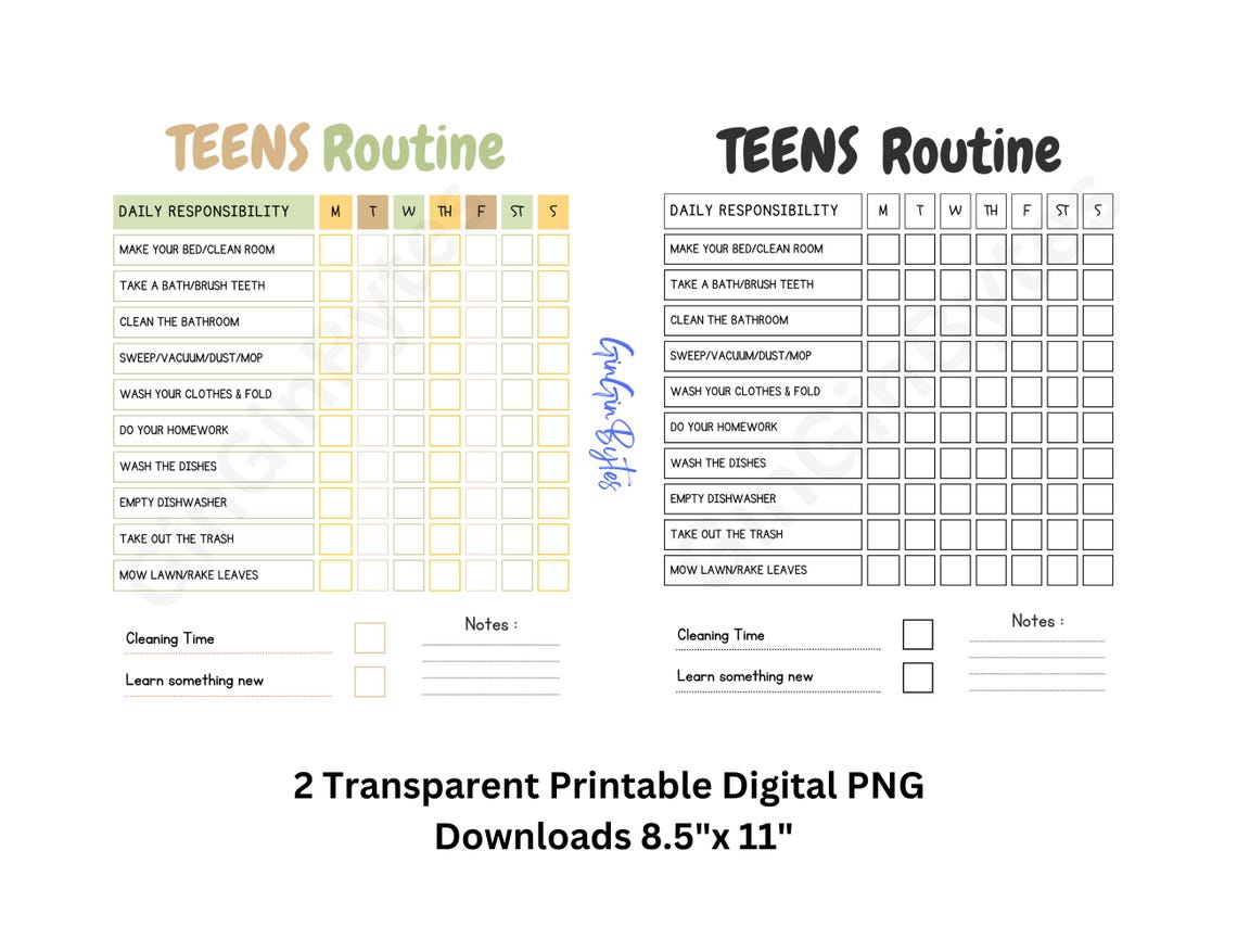 7 Day Routine Chart Planner for Teens | 2 Printable Designs | PNG File ...