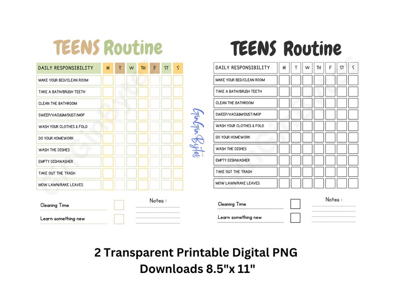 7 Day Routine Chart Planner for Teens | 2 Printable Designs | PNG File ...