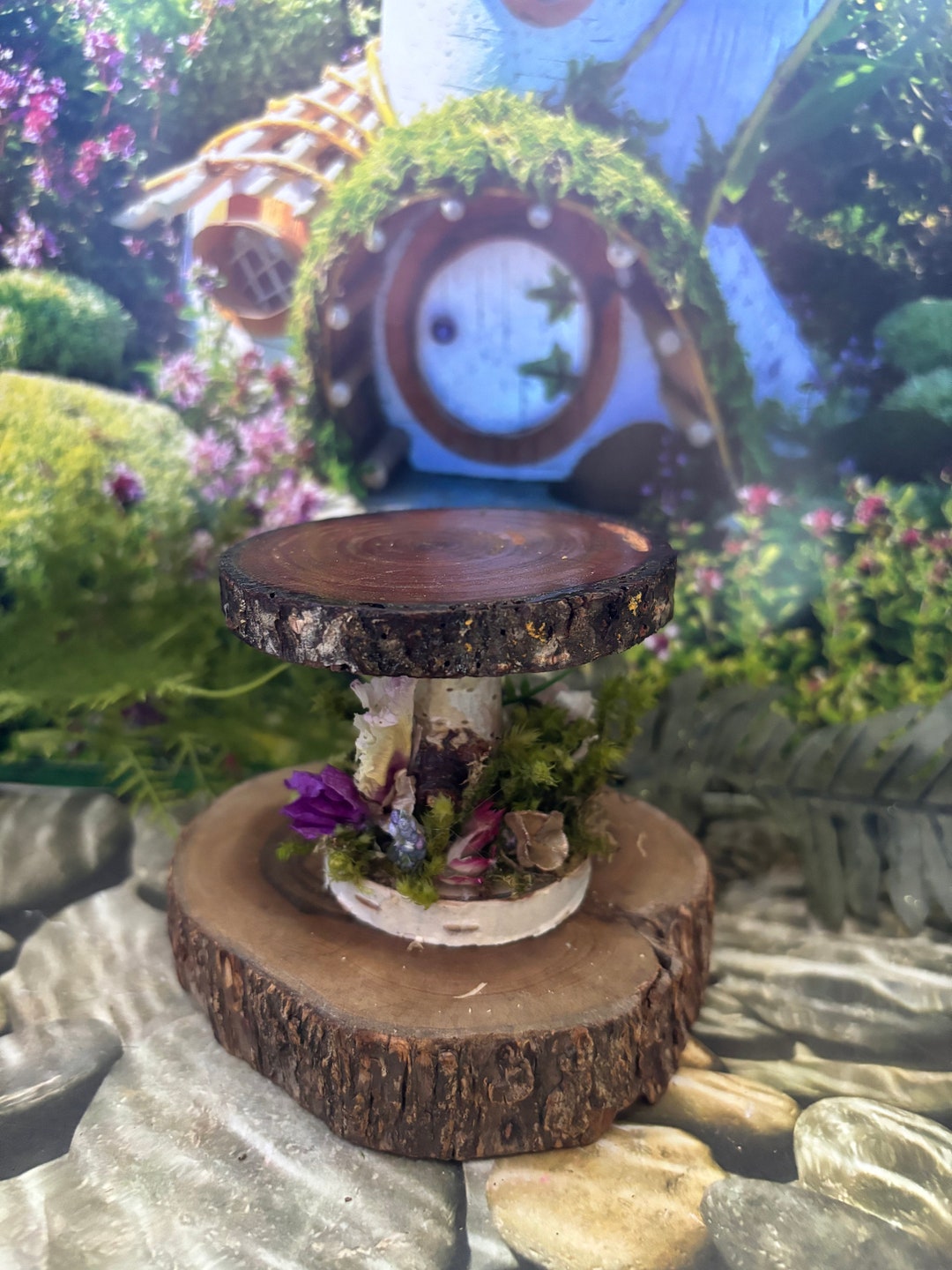 Fairy Garden Table With Pink Rose and Purple Flower at Base - Etsy