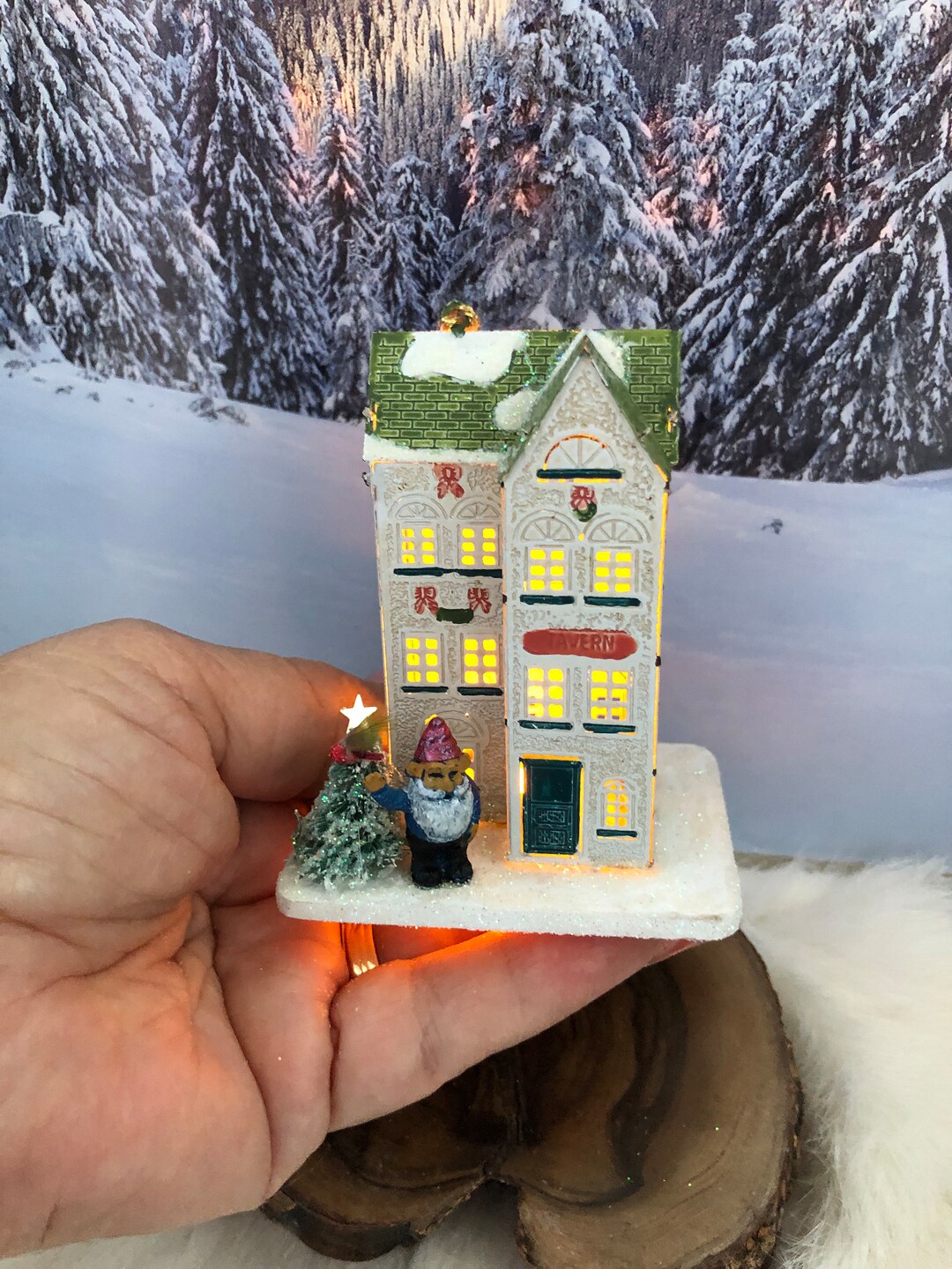 Miniature Christmas House Light up Ornament With a Gnome Greeter - Etsy