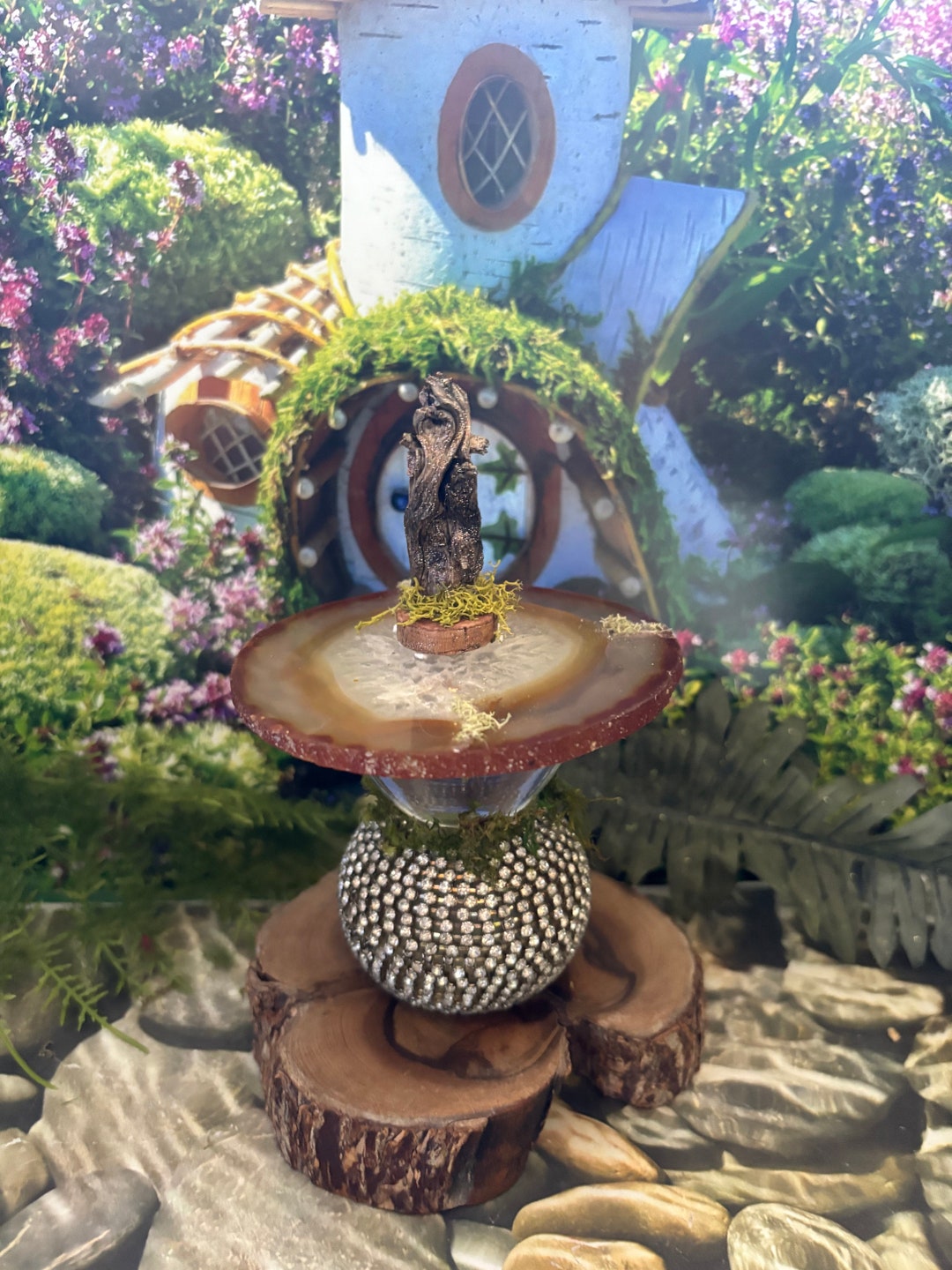 Fairy Garden Table With Agate Top, Rhinestone Base and Driftwood Table ...