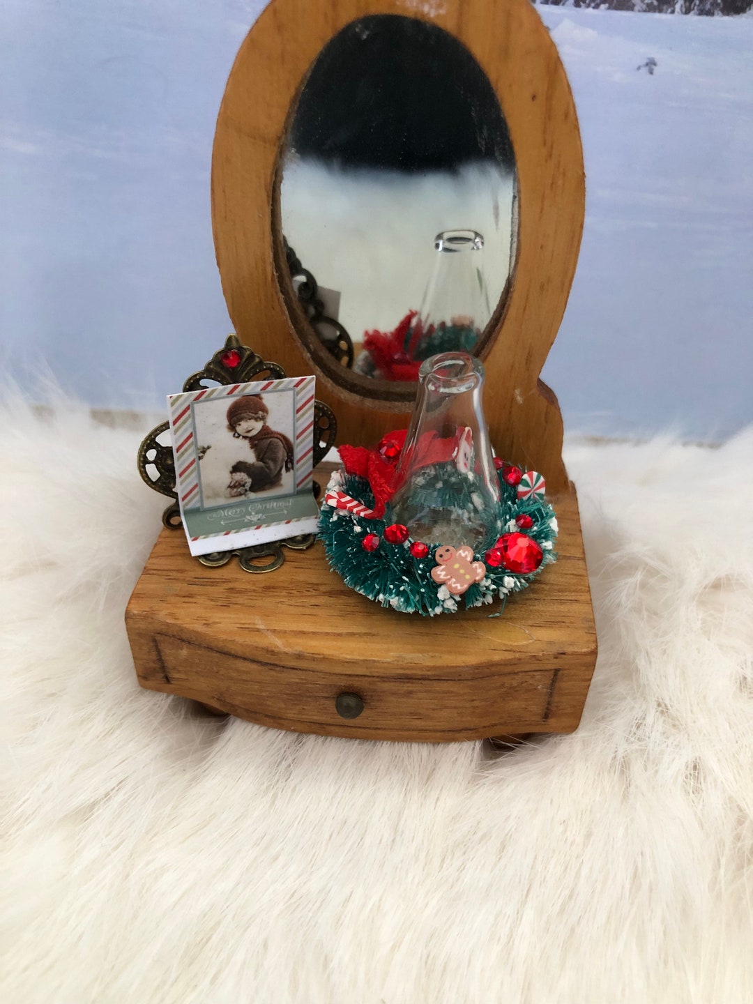 Miniature Christmas Decor, Hurricane Candle, Wreath and Picture - Etsy